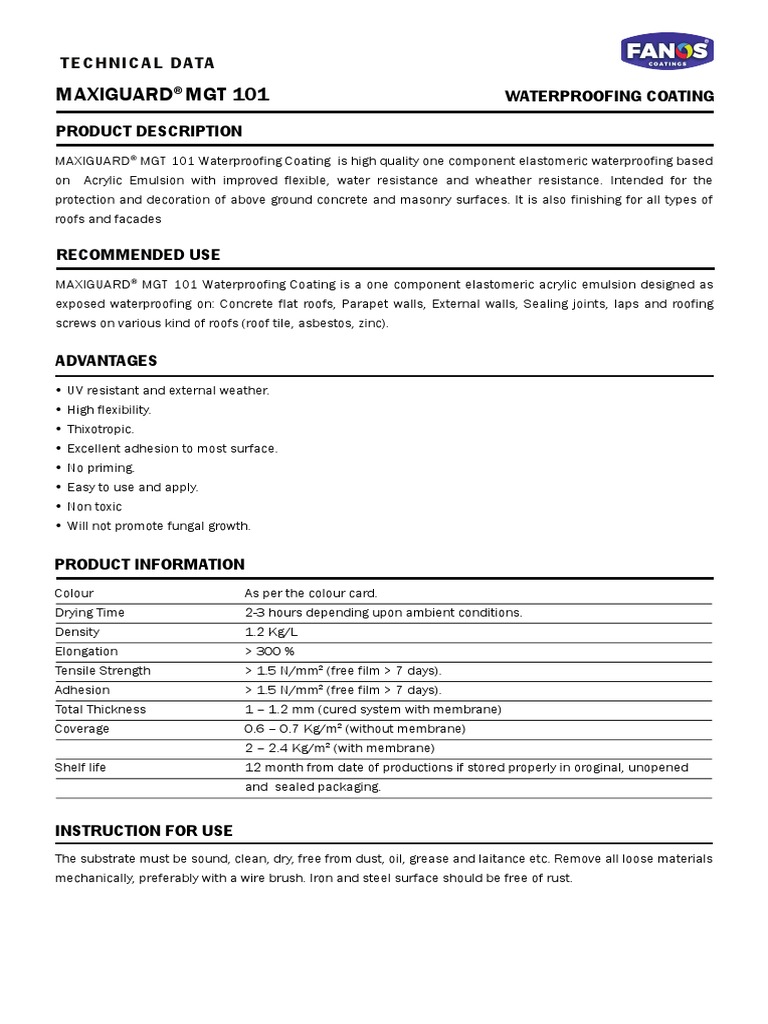 MAXIGUARD MGT 101 Waterproofing Coating | PDF | Coating | Roof
