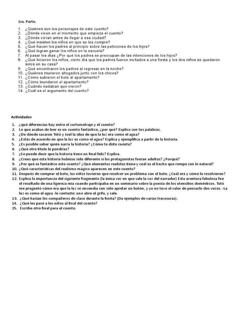 Pregutas La Luz Es Como El Agua | PDF