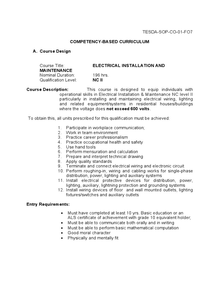 CBC EIM NC II New | PDF | Electrical Wiring | Occupational Safety And Health