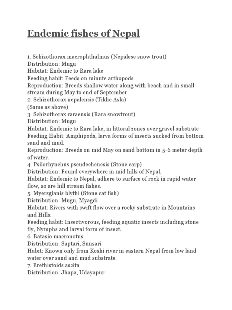 Endemic Fish Species of Nepal | PDF