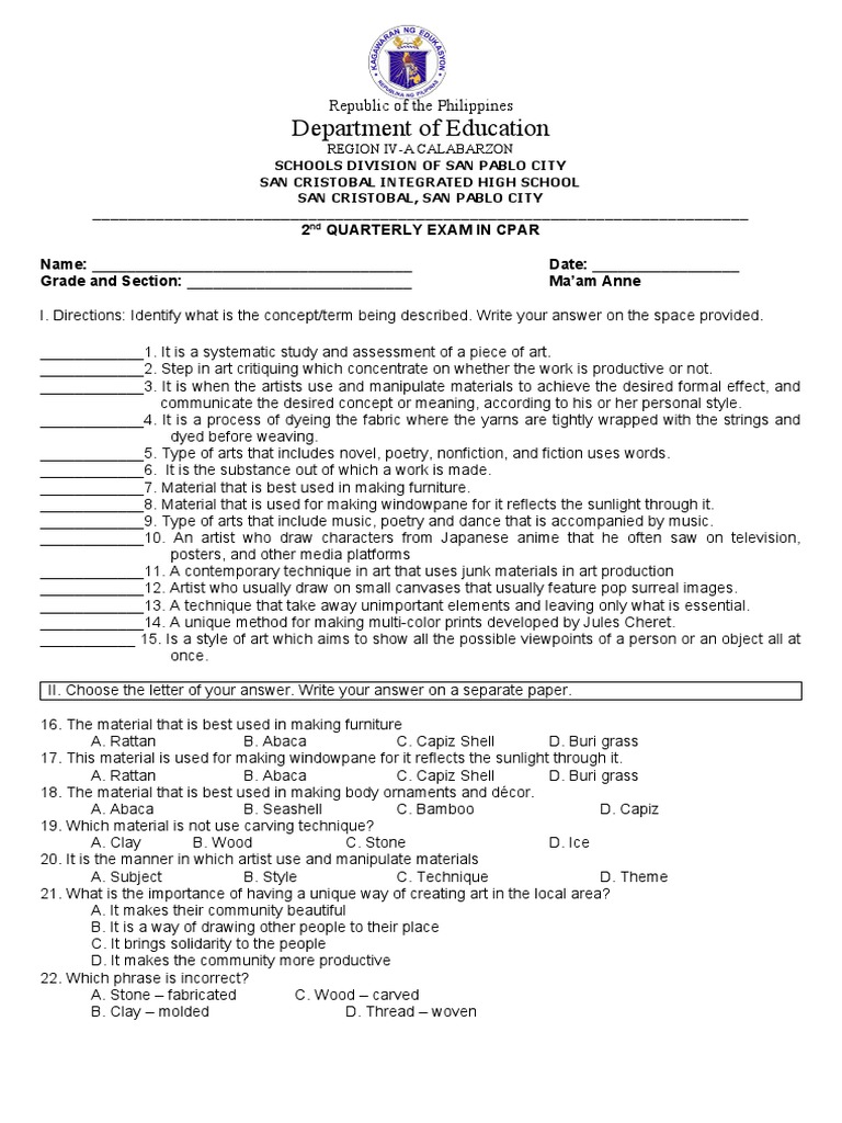 2nd Sem 2nd Periodical Exam CPAR 2022-2023 | PDF | Paintings | Textiles