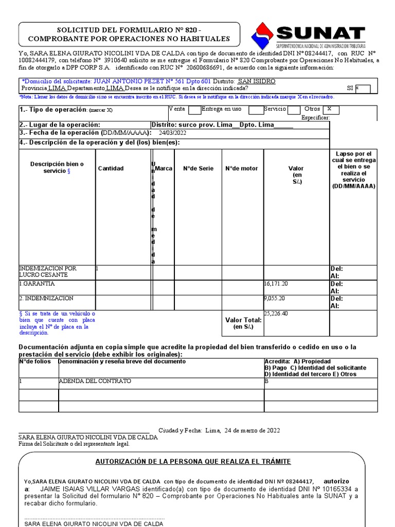 Formulario 820 SUNAT | PDF | Gobierno y personalidad | Costa Rica