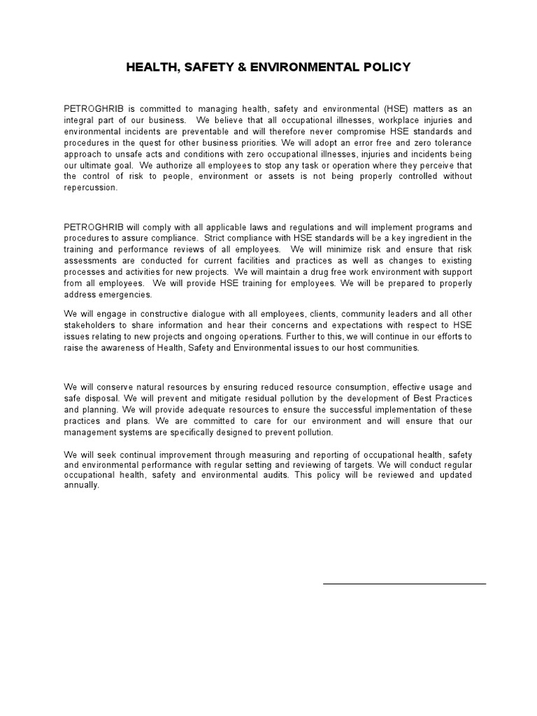 2.1 HSE Policy | PDF | Occupational Safety And Health | Safety