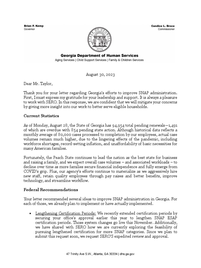 Georgia Response To FNS SNAP Letter | PDF | Supplemental Nutrition ...