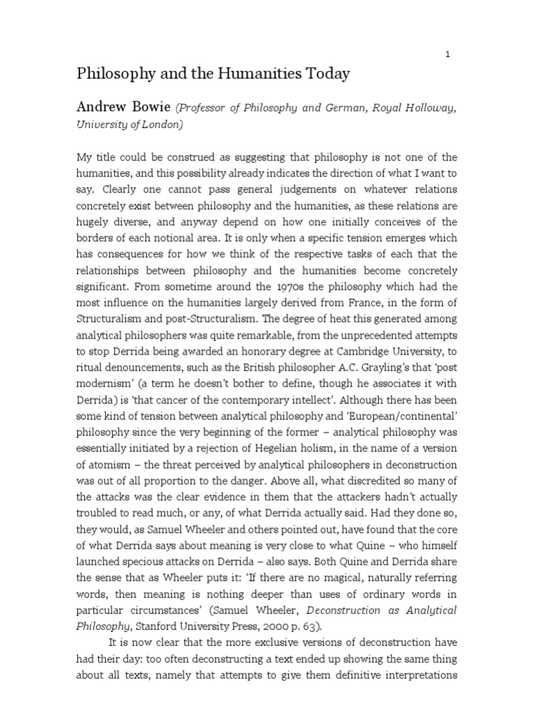 Bowie Phil Humanities Prague | PDF | Deconstruction | Analytic Philosophy