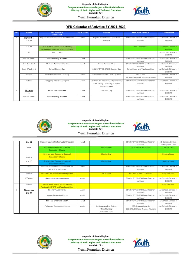 BARMM Youth Formation Activities Calendar | PDF
