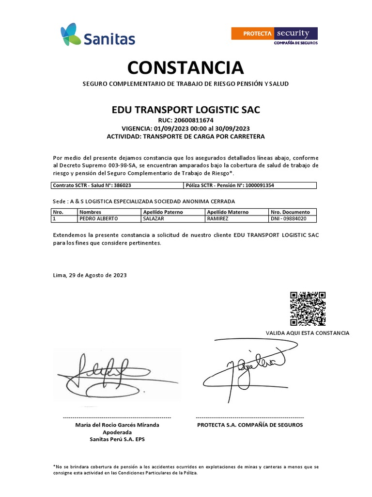 Constancias SCTR Salud y Pension | PDF