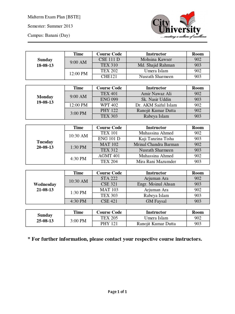 Summer 2013 Midterm Exam Schedule | PDF