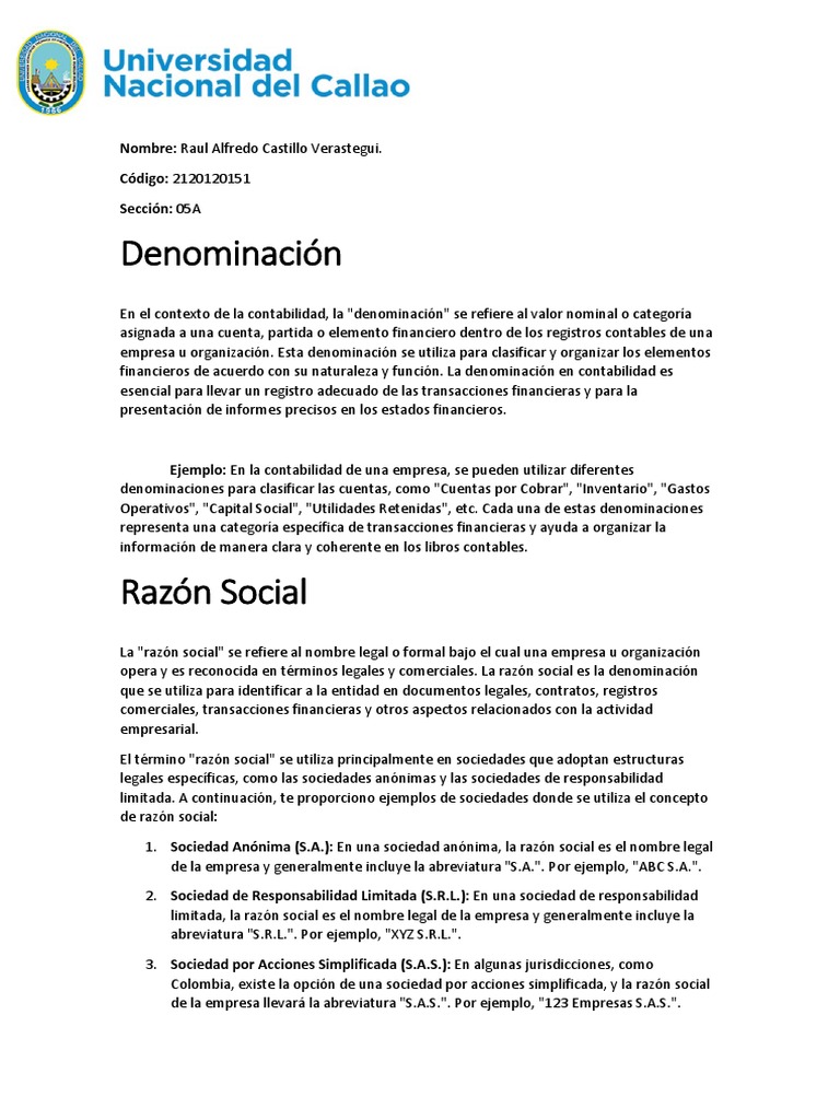 Denominación y Razón Social en Contabilidad | PDF | Contabilidad ...