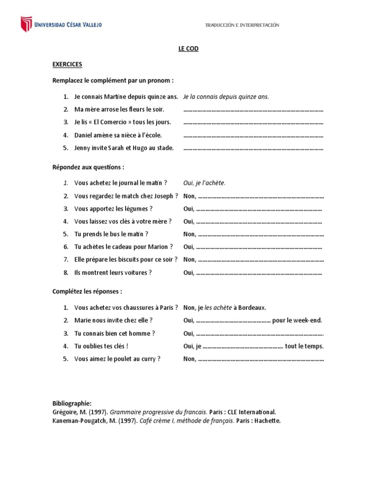 Exercices sur le COD en français | PDF