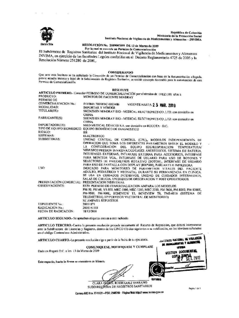 Registro Invima Pm7000 - 2009ebc-0003486 | PDF