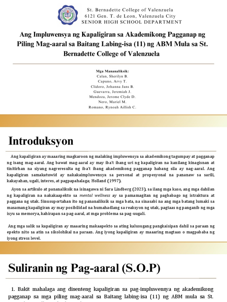 Ang Impluwensya NG Kapaligiran Sa Akademikong Pagganap NG Piling Mag Aaral Sa Baitang Labing Isa ...