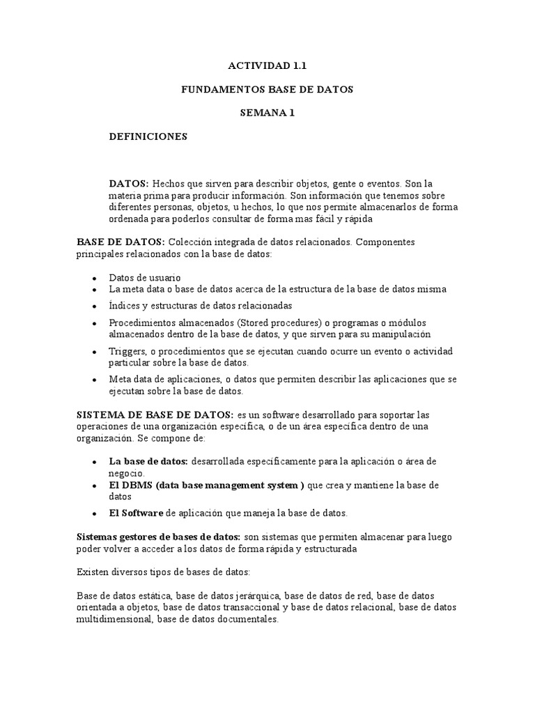 Actividad Semana 1 Ana Maria Rodriguez | PDF | Bases de datos | Almacén de datos