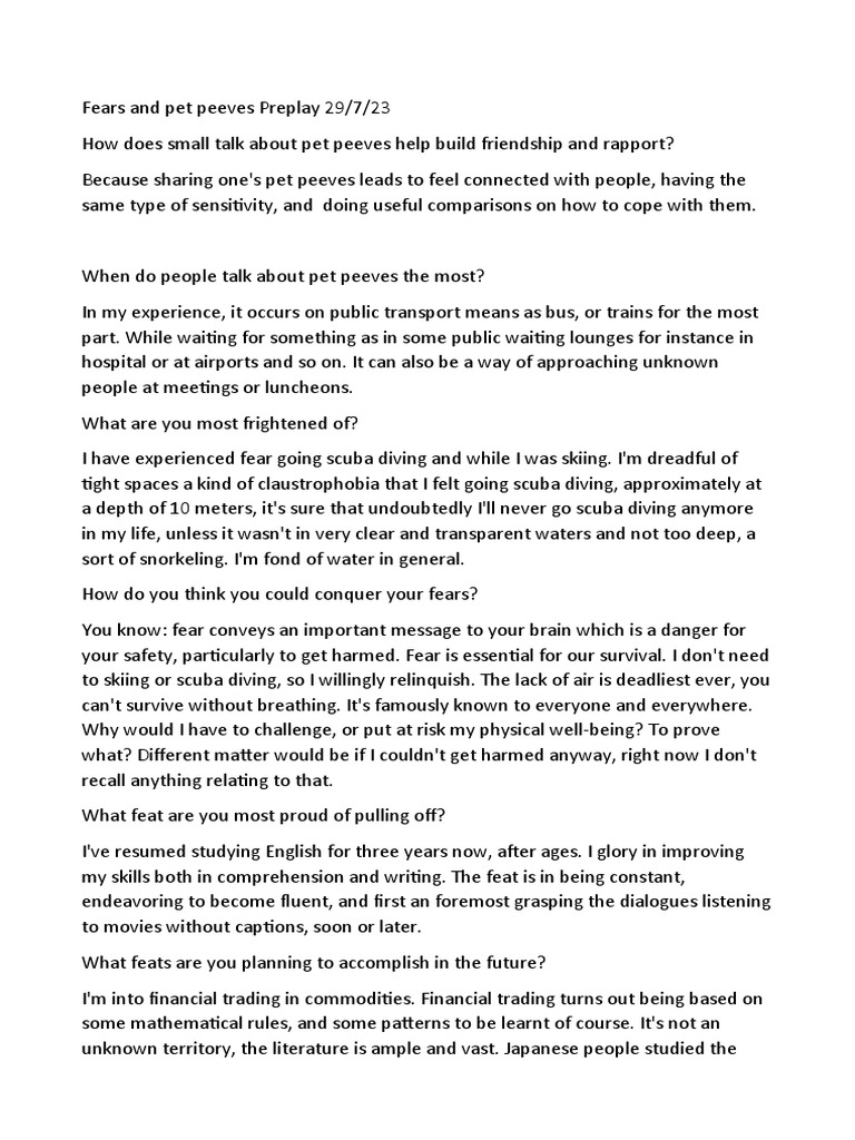 Building Rapport Through Fears and Pet Peeves | PDF | Underwater Diving ...