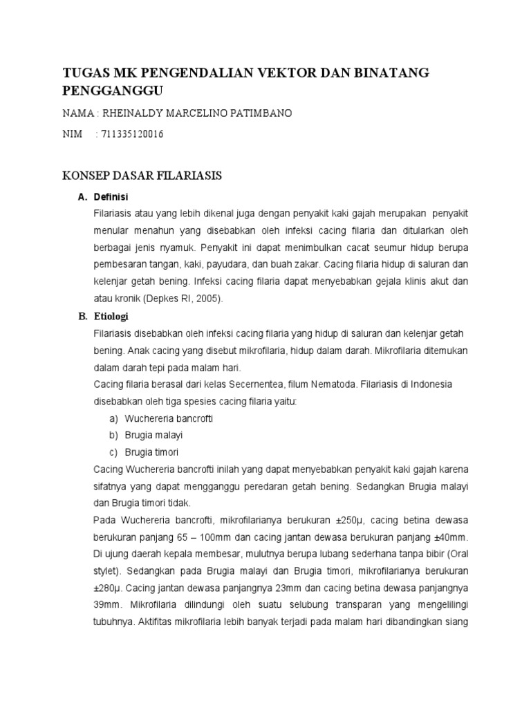 Tugas MK Pengendalian Vektor (Filariasis) Rheinaldy Patimbano | PDF | Sains & Matematika
