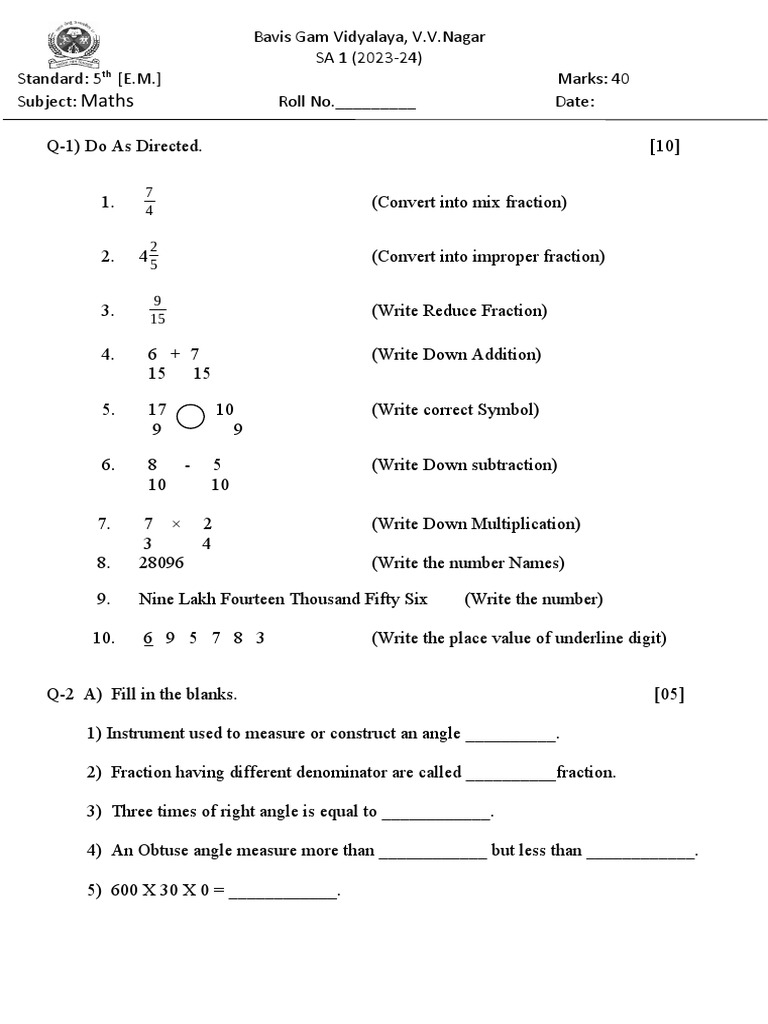 Std. 5 MAths SA1 | PDF | Mathematics | Elementary Mathematics