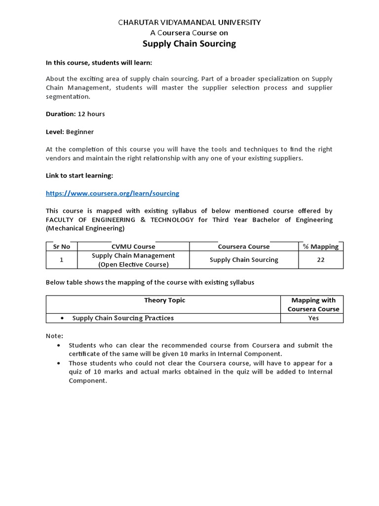 Supply Chain Sourcing Coursera With SCM | PDF