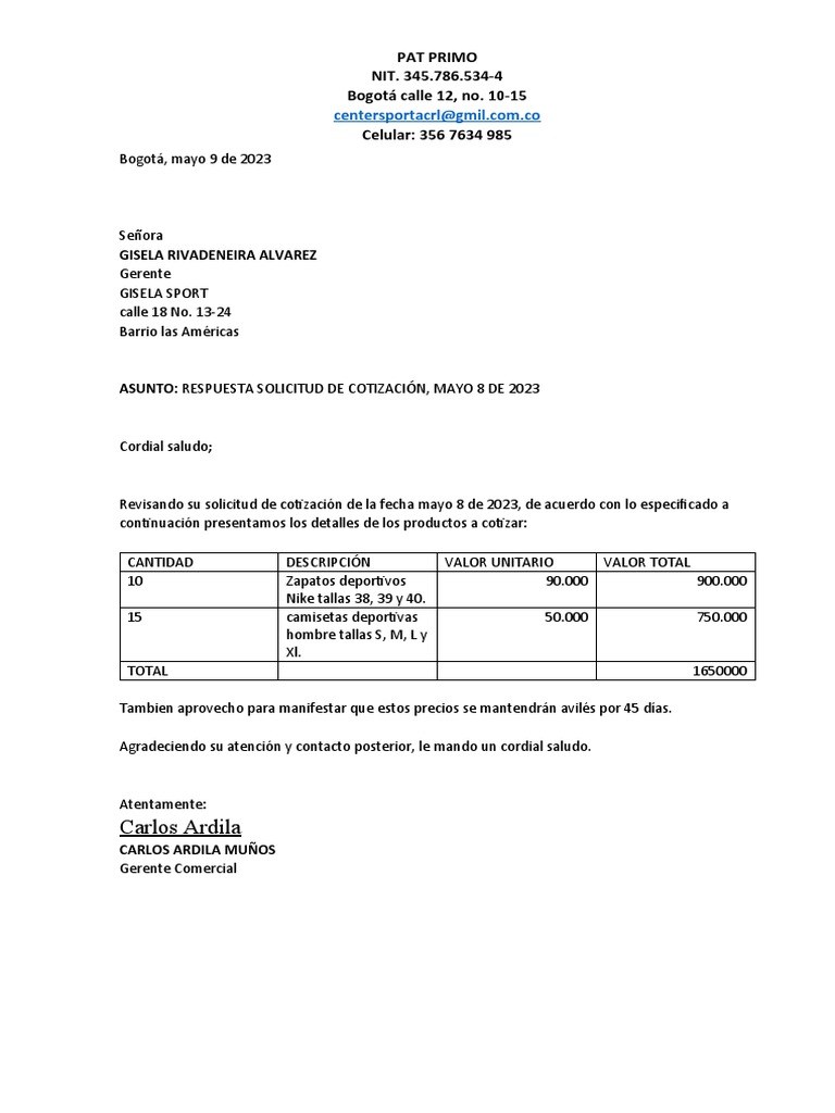 Respuesta A La Carta de Solicitud de Cotización | PDF