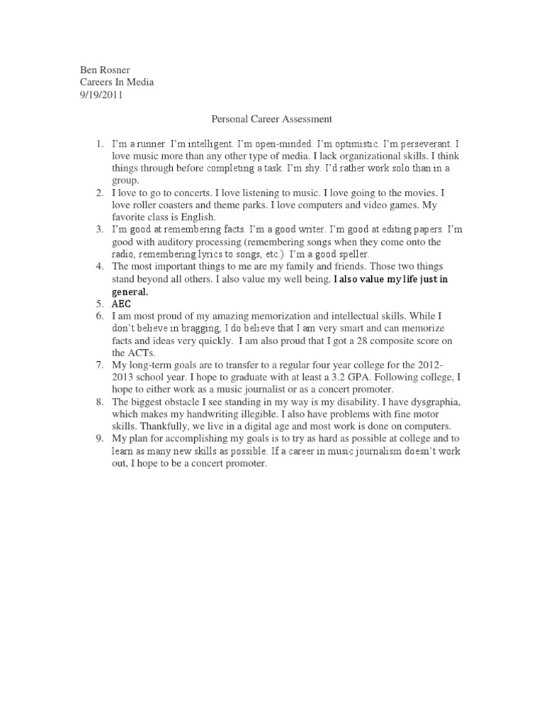 Career Assessment Profile | PDF | Wellness