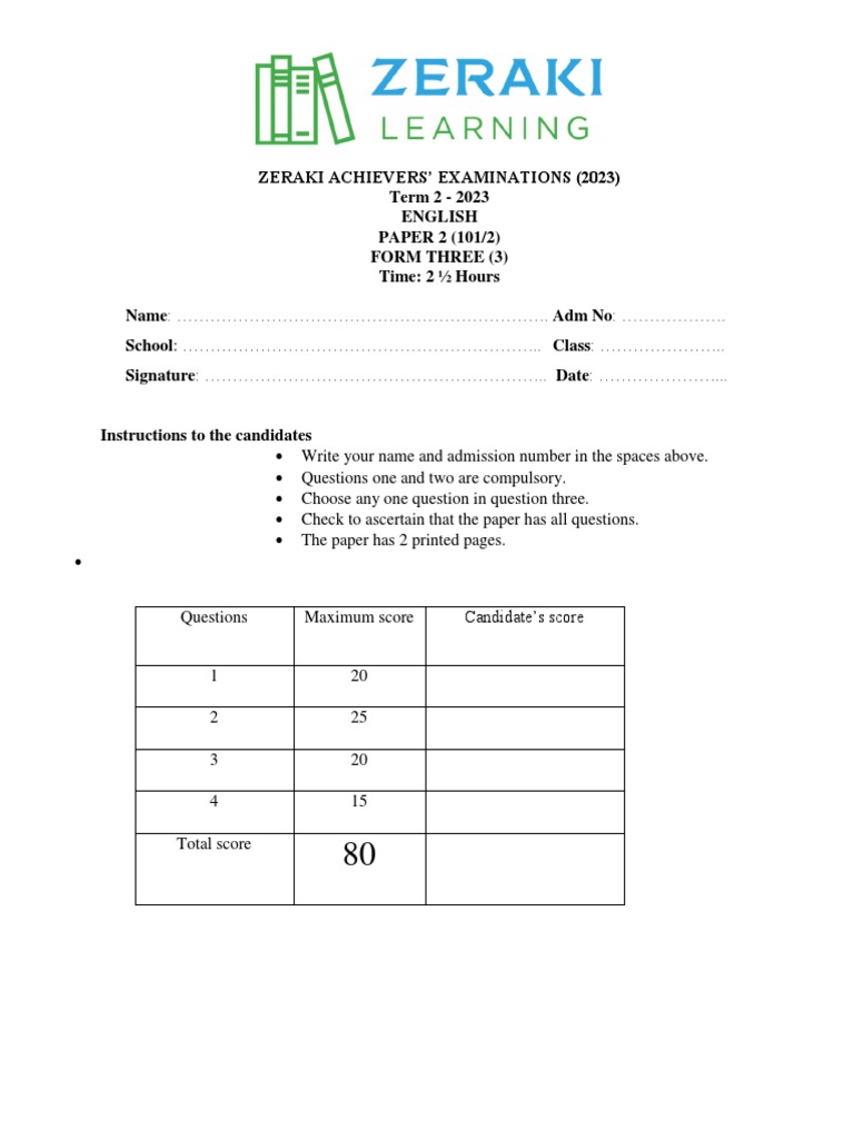 English Paper 2 Question Paper Zeraki Achievers 10.0 July 2023 | PDF | Alcoholism | Cirrhosis