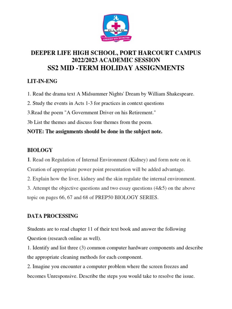 SS2 Mid-Term Holiday Assignments | PDF | Mathematics