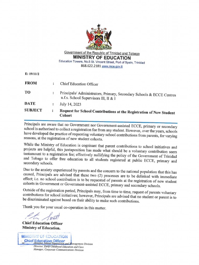 Memo - Request For School Contributions at The Registration of New ...