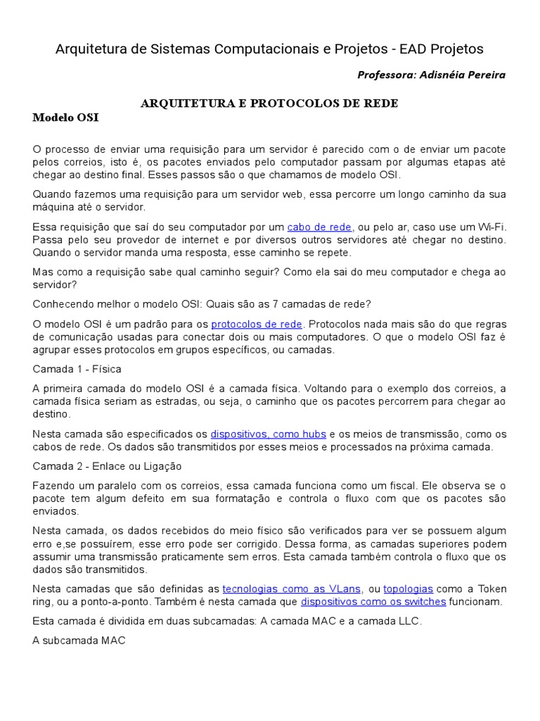 ARQUITETURA E PROTOCOLOS DE REDE - Parte 2 | PDF | Rede de computadores ...