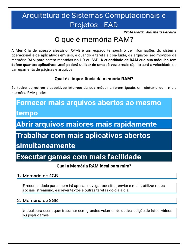 Memoria Ram | PDF | Armazenamento de dados de computador | Memória de ...