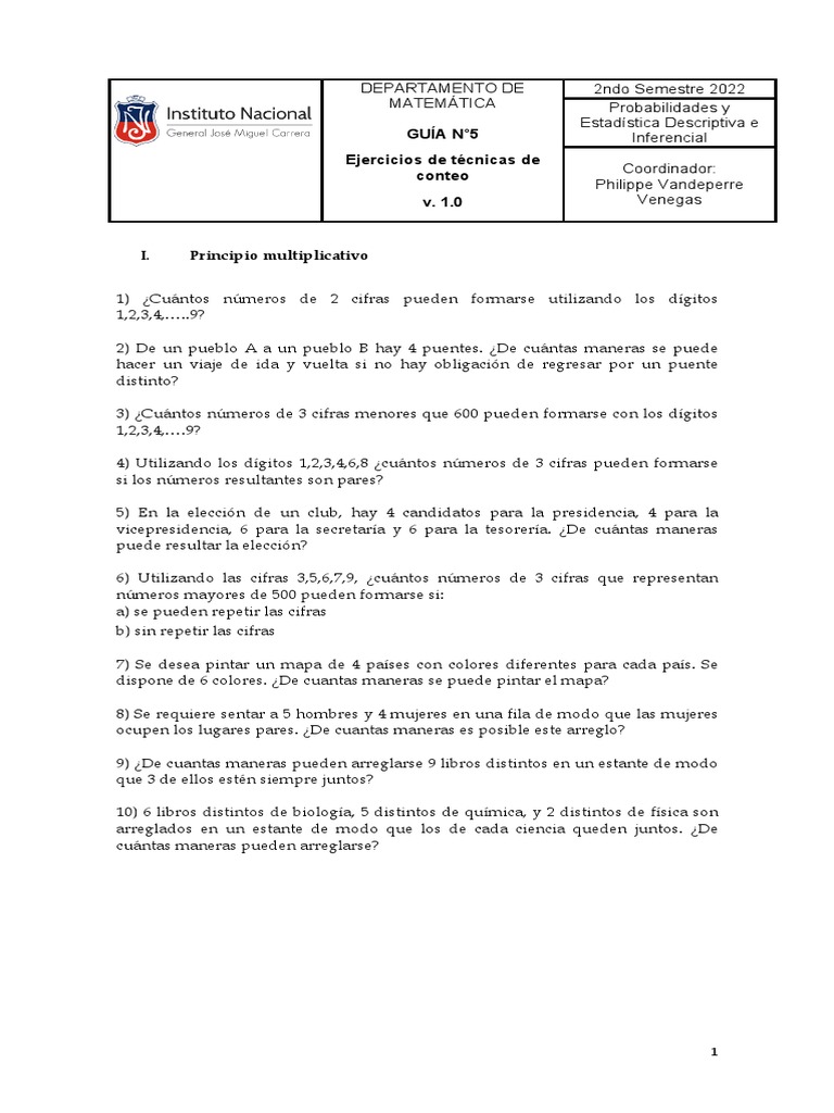Guía N°5 - Ejercicios de Técnicas de Conteo | PDF | Métodos y materiales de enseñanza
