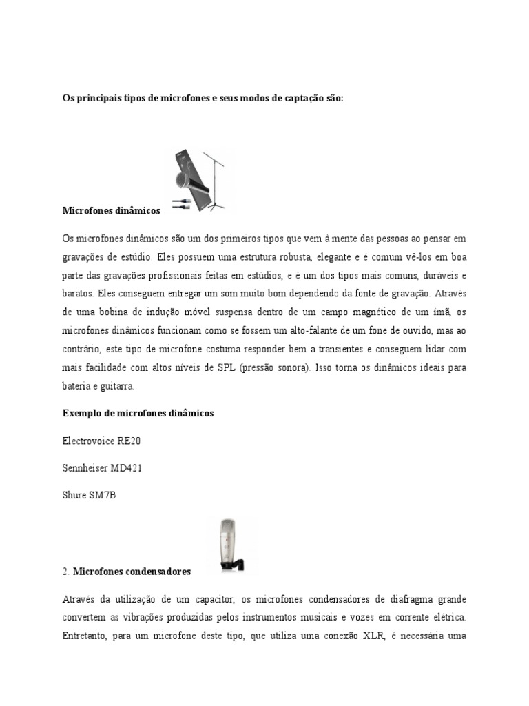 Os Principais Tipos de Microfones e Seus Modos de Captação São | PDF ...
