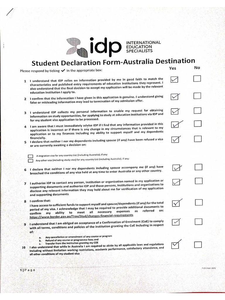 IDP Student Declaration Form | PDF