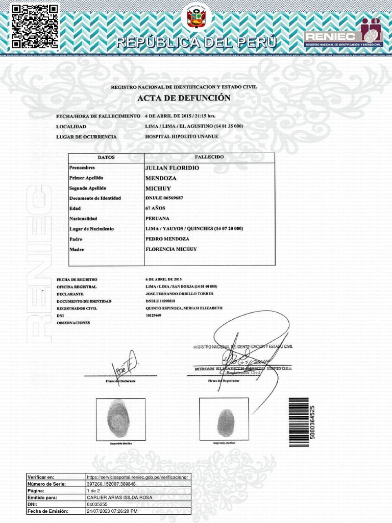 Acta-Defunción-5000364525 | PDF | Gobierno y personalidad | Perú