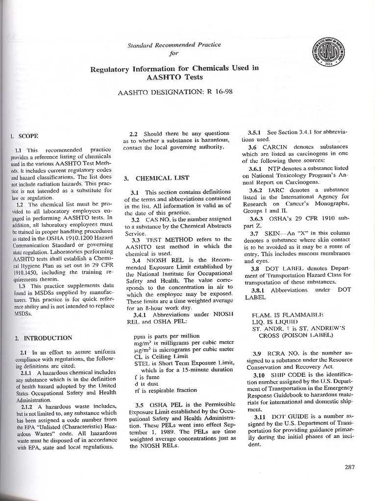 69 - Regulatory Information For Chemical Use in AASHTO Tests | PDF