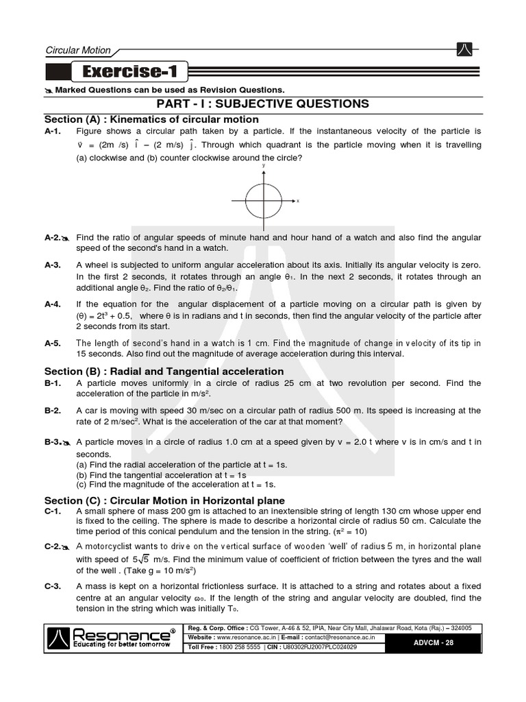 Exercise - 1 To 3 PC Circular Motion Reso | PDF | Acceleration | Rotation Around A Fixed Axis