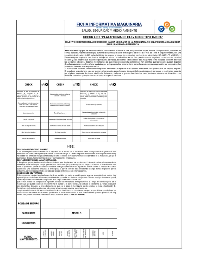 18.-Check List Plataformas de Elevacion Tipo Tijera | PDF
