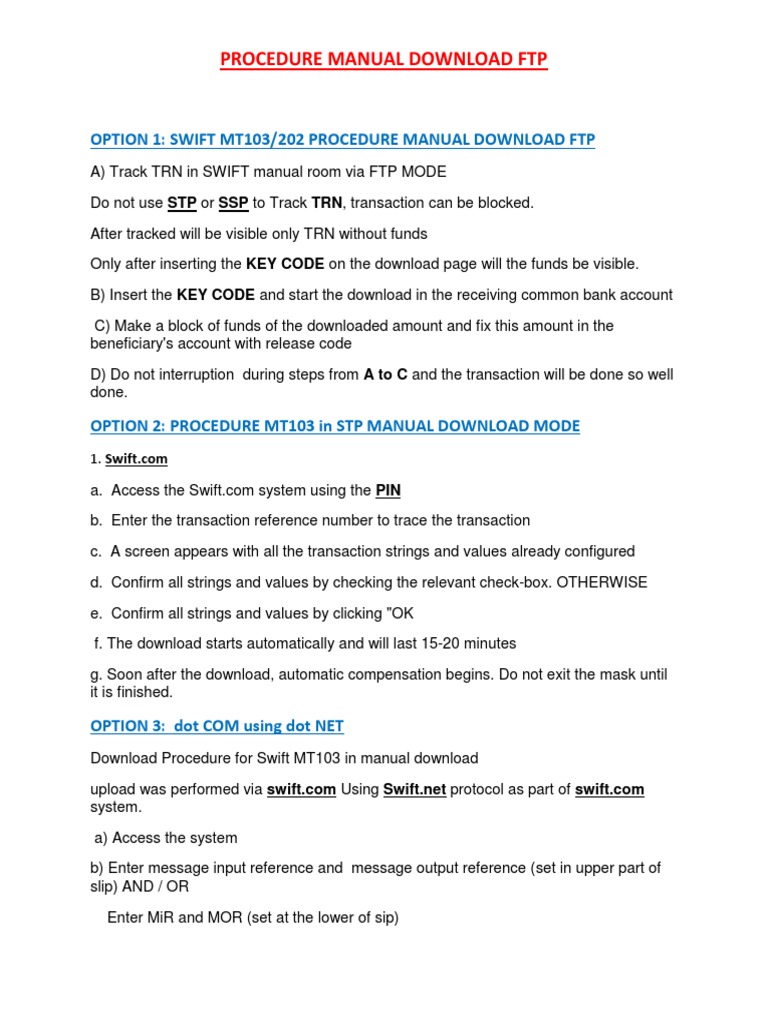 SWIFT MT103/202 Download Procedures | PDF
