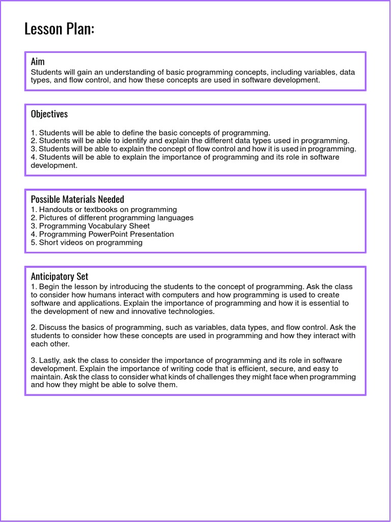 Day1 Lesson Plan | PDF | Computer Programming | Class (Computer Programming)