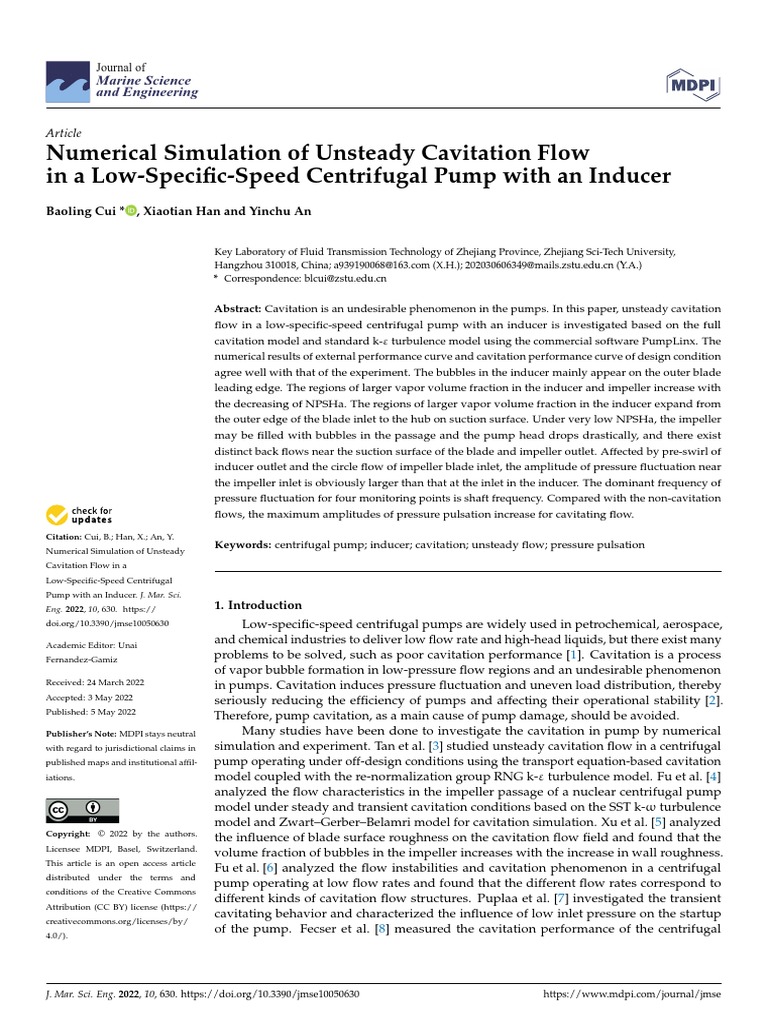 Numerical Simulation of Unsteady Cavitation Flow in A LowSpecificSpeed Centrifugal Pump With An ...