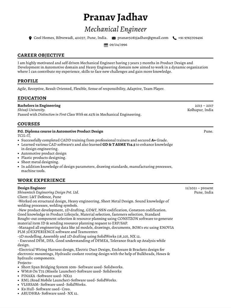 Pranav Jadhav Resume YoE 3.3 Design Engg | PDF | Product Lifecycle | Engineering