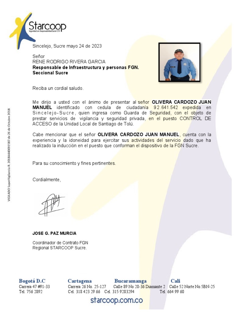 Carata de Presentacion Guarda Olivera Cardozo Juan Manuel | PDF