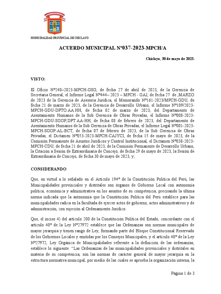 Am. #037-2023 - Ordenanza Cofopri | PDF | Gobierno local | Gobierno
