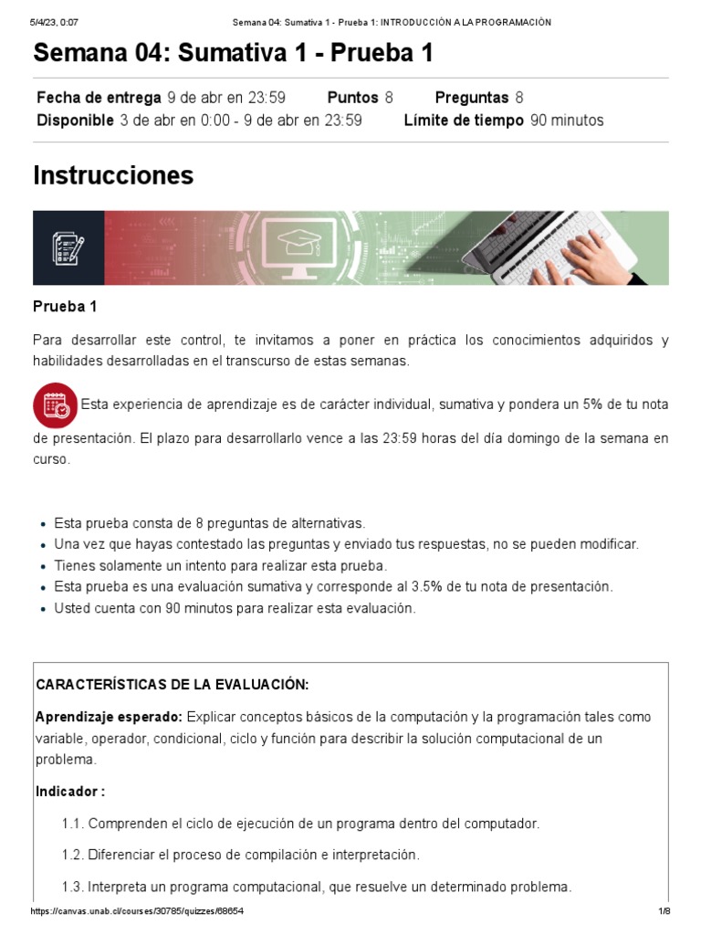 Semana 04_ Sumativa 1 - Prueba 1_ INTRODUCCIÓN A LA PROGRAMACIÓN.pdf RFS | PDF | Programación de ...