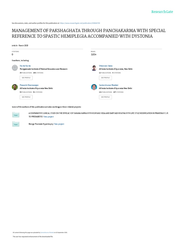 Management of Pakshaghata Through Panchakarma With Special Reference To ...