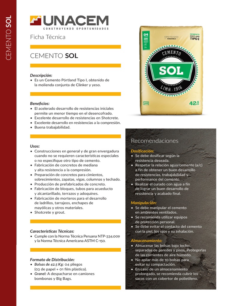 Ficha Técnica del Cemento Sol Tipo I | PDF | Cemento | Hormigón