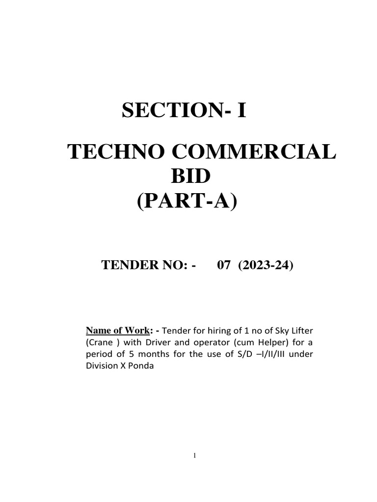 Section-I Techno Commercial BID (PART-A) : TENDER NO: - 07 (2023-24 ...