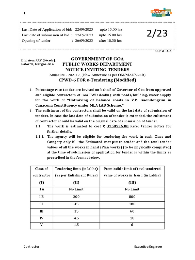 Government of Goa Public Works Department Notice Inviting Tenders CPWD ...