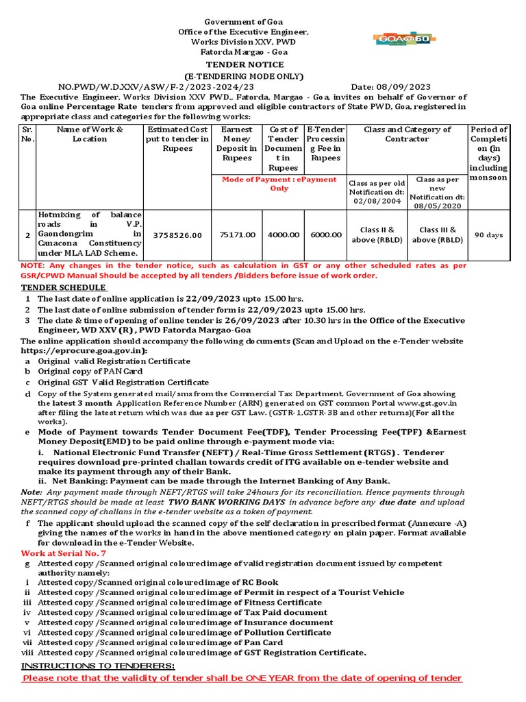 NO - PWD/W.D.XXV/ASW/F-2/2023-2024/23 Date: 08/09/2023 | PDF | Payments ...