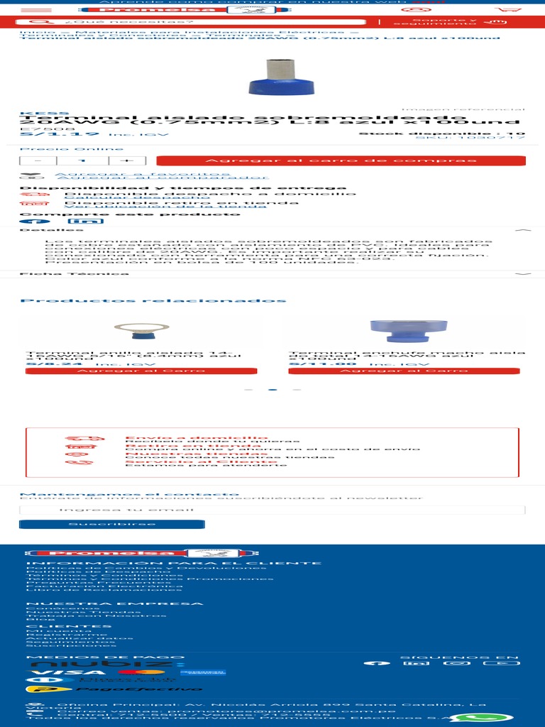 PROMELSA Terminal Aislado Sobremoldeado 20AWG (0.75mm2) L8 Azul X100und | PDF