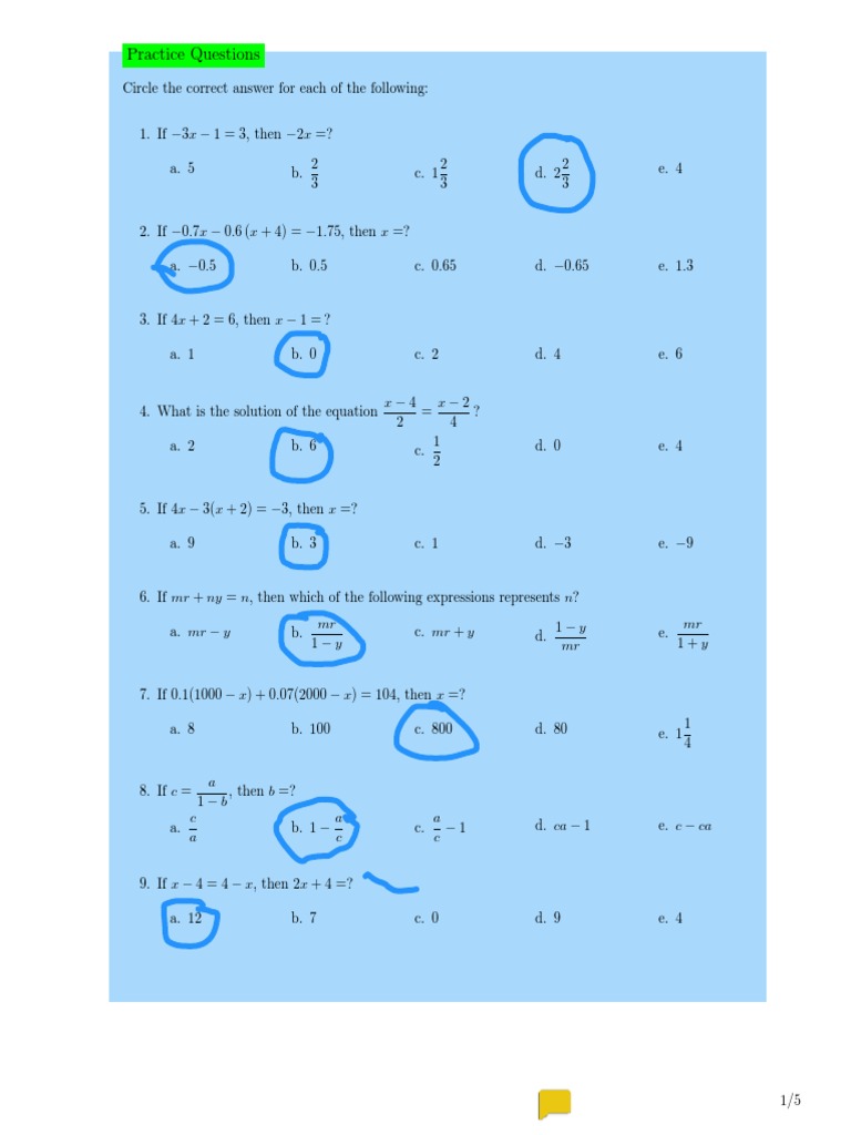 1.1 Practice Questions | PDF | Equations | Differential Calculus