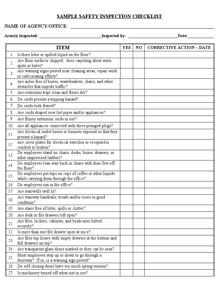 Safety Inspection Checklist | PDF | Stairs | Fires